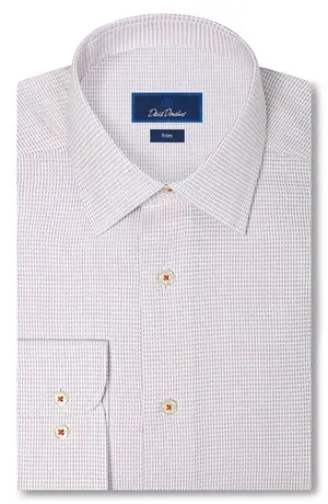 David Donahue Trim Fit Microcheck Cotton Dobby Dress Shirt - White/orange