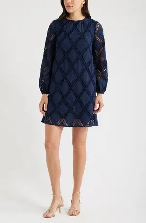 Caslon Lace Lattice Long Sleeve Cotton Dress - Navy Still
