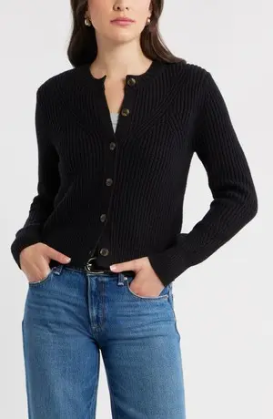 Caslon Shaker Stitch Pointelle Pima Cotton & Merino Wool Cardigan - Black