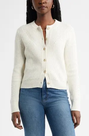 Caslon Shaker Stitch Pointelle Pima Cotton & Merino Wool Cardigan - Ivory Pristine