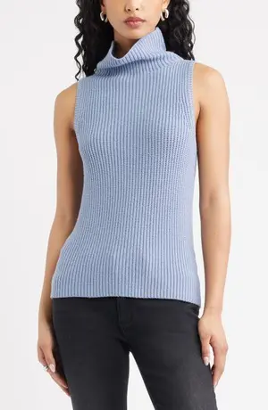 OPEN EDIT Sleeveless Funnel Neck Sweater - Blue Tempest