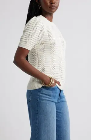 Caslon Mixed Stitch Puff Sleeve Sweater - Ivory Pristine