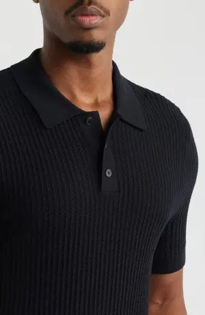 OPEN EDIT Textured Short Sleeve Polo Sweater - Black