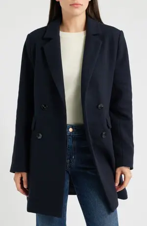 Bernardo Plaid Double-breasted Wool Blend Coat - Navy
