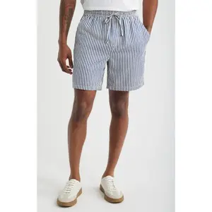 OPEN EDIT Stripe Seersucker Drawstring Shorts - Blue Header Stripe