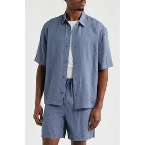 OPEN EDIT Stripe Short Sleeve Seersucker Button-up Shirt - Grey Folkstone