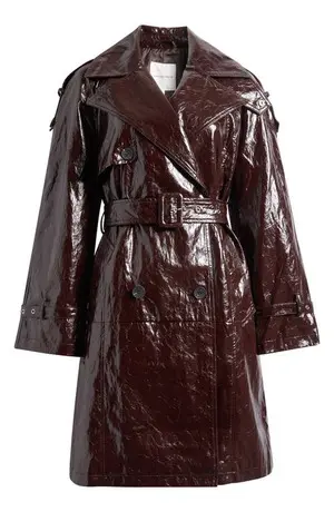 Avec Les Filles Belted Double-breasted Faux Leather Trench Coat