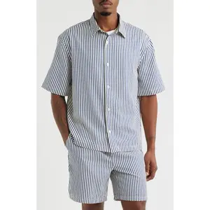 OPEN EDIT Stripe Short Sleeve Seersucker Button-up Shirt - Blue Header Stripe