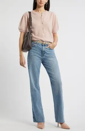 Nordstrom Puff Sleeve Cashmere Cardigan - Pink Adobe