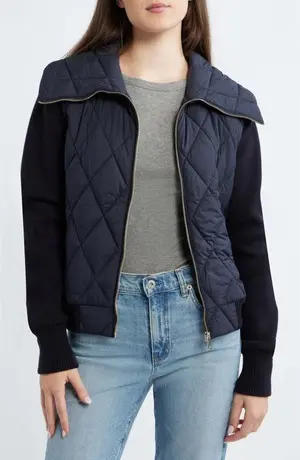 Bernardo Mixed Media Knit & Quilted Jacket - Navy