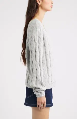 Bp. Cable Knit V-neck Cotton Blend Sweater - Grey Light Heather