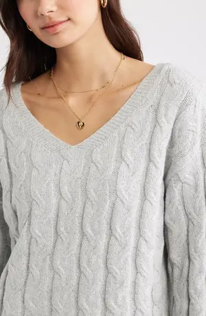 Bp. Cable Knit V-neck Cotton Blend Sweater - Grey Light Heather