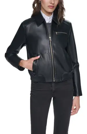Cole Haan Leather Bomber Jacket Black