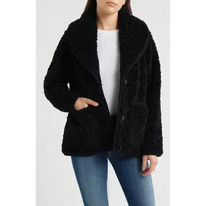 Lucky Brand Cozy Patch Pocket Faux Shearling Jacket Black