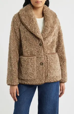 Lucky Brand Cozy Patch Pocket Faux Shearling Jacket - Mushroom