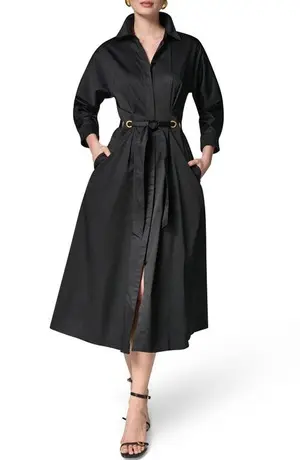 Donna Karan New York Drawstring Waist Stretch Cotton Midi Shirtdress - Black