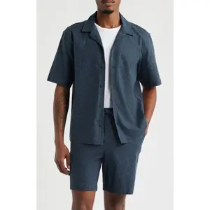 OPEN EDIT Stretch Linen Blend Camp Shirt - Navy Eclipse Geo