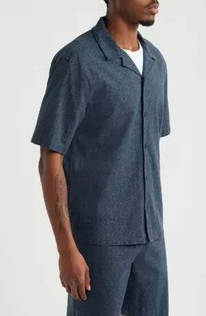 OPEN EDIT Stretch Linen Blend Camp Shirt - Navy Eclipse Geo