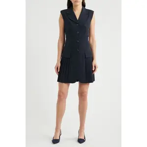 Vince Camuto Pleat Detail Sleeveless Shirtdress - Navy
