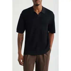 OPEN EDIT Diagonal Stitch Short Sleeve Polo Sweater - Black