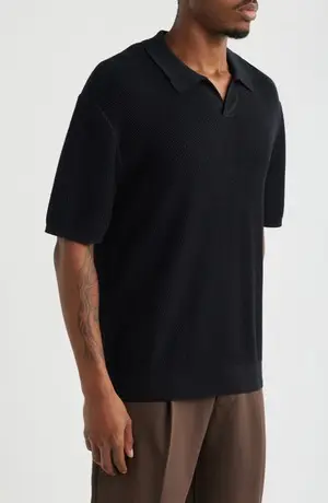 OPEN EDIT Diagonal Stitch Short Sleeve Polo Sweater - Black