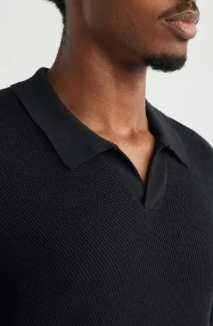 OPEN EDIT Diagonal Stitch Short Sleeve Polo Sweater - Black