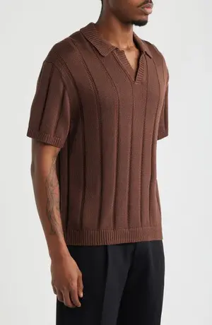 OPEN EDIT Boxy Short Sleeve Polo Sweater - Brown Rock