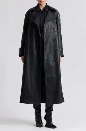 Avec Les Filles Oversize Raglan Faux Leather Trench Coat - Black