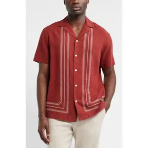 Nordstrom Frame Embroidered Short Sleeve Linen Blend Button-up Shirt - Red Brick Framed Border