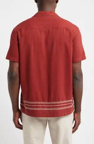Nordstrom Frame Embroidered Short Sleeve Linen Blend Button-up Shirt