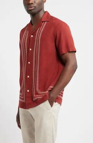 Nordstrom Frame Embroidered Short Sleeve Linen Blend Button-up Shirt