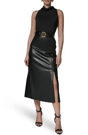 Donna Karan New York Jersey & Faux Leather Midi Dress - Black/black