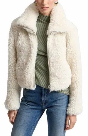 Avec Les Filles Crop Faux Shearling Zip Jacket - Cream