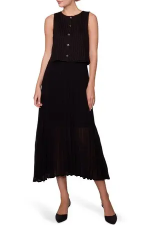 MELLODAY Mixed Media Pinstripe & Chiffon Dress - Black/ivory Stripe