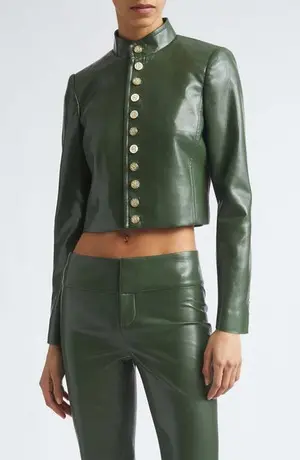 Alice + Olivia Emerson Faux Leather Crop Jacket - Dark Fern