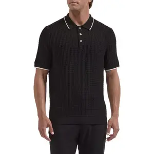 Bugatchi Basket Stitch Cotton Blend Polo Sweater Black