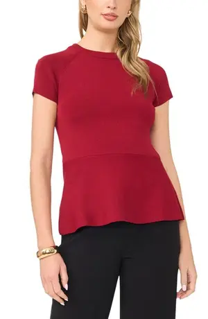 Vince Camuto Short Sleeve Ribbed Peplum Sweater - Garnet Red