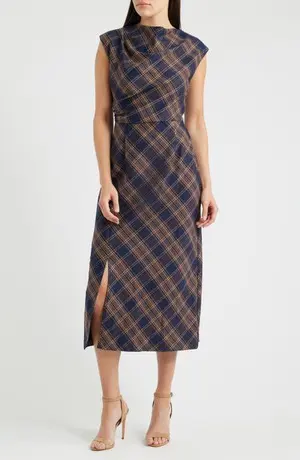 Julia Jordan Plaid Pleated Midi Dress - Navy Brown