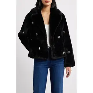 CECE DUPRAZ Rhinestone Button Faux Fur Jacket - Black