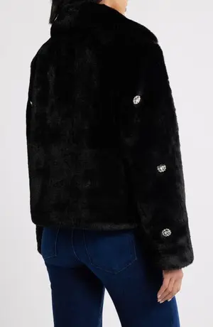 CECE DUPRAZ Rhinestone Button Faux Fur Jacket - Black