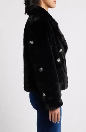 CECE DUPRAZ Rhinestone Button Faux Fur Jacket - Black