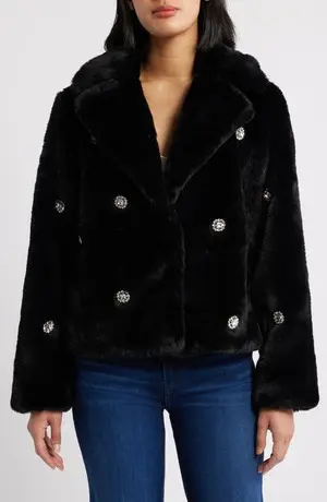 CECE DUPRAZ Rhinestone Button Faux Fur Jacket - Black