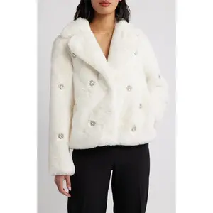 CECE DUPRAZ Rhinestone Button Faux Fur Jacket - Ivory