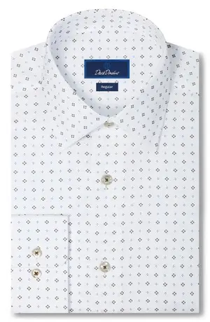 David Donahue Regular Fit Neat Print Cotton Dress Shirt - White/chocolate