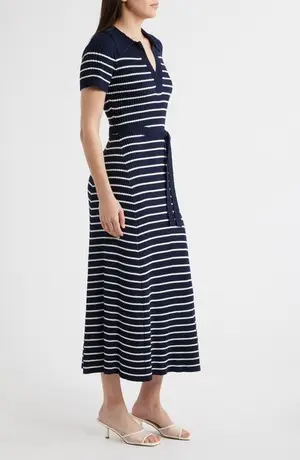 ZOE AND CLAIRE Striped Ribbed Knit Polo Dress