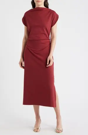 Maggy London Draped Cowl Neck Midi Dress With Side Slit - Cabernet