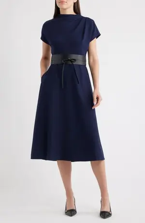 Eliza J Funnel Neck Flared Midi Dress - Navy