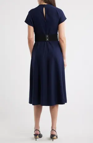 Eliza J Funnel Neck Flared Midi Dress - Navy