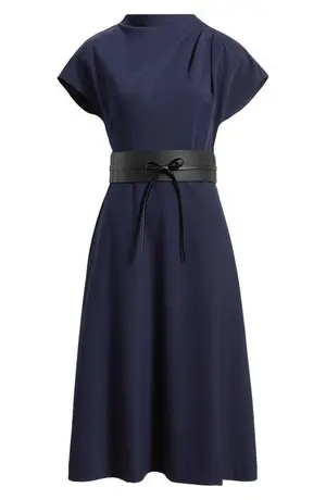 Eliza J Funnel Neck Flared Midi Dress - Navy