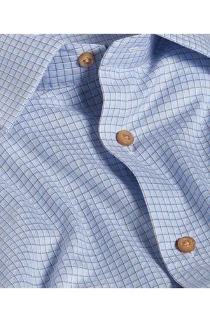 David Donahue Regular Fit Check Cotton Dobby Dress Shirt - Sky/dune